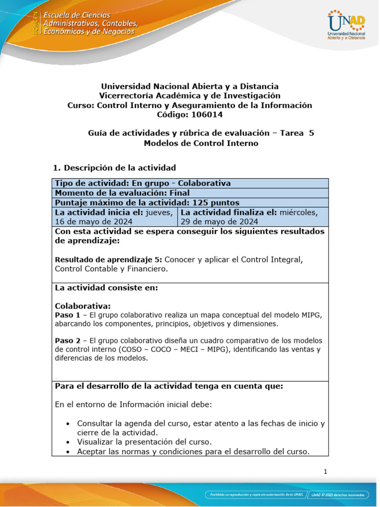 Guía de Actividad y Rúbrica de Evaluación - Tarea 5 - Modelos de Control Interno | PDF ...