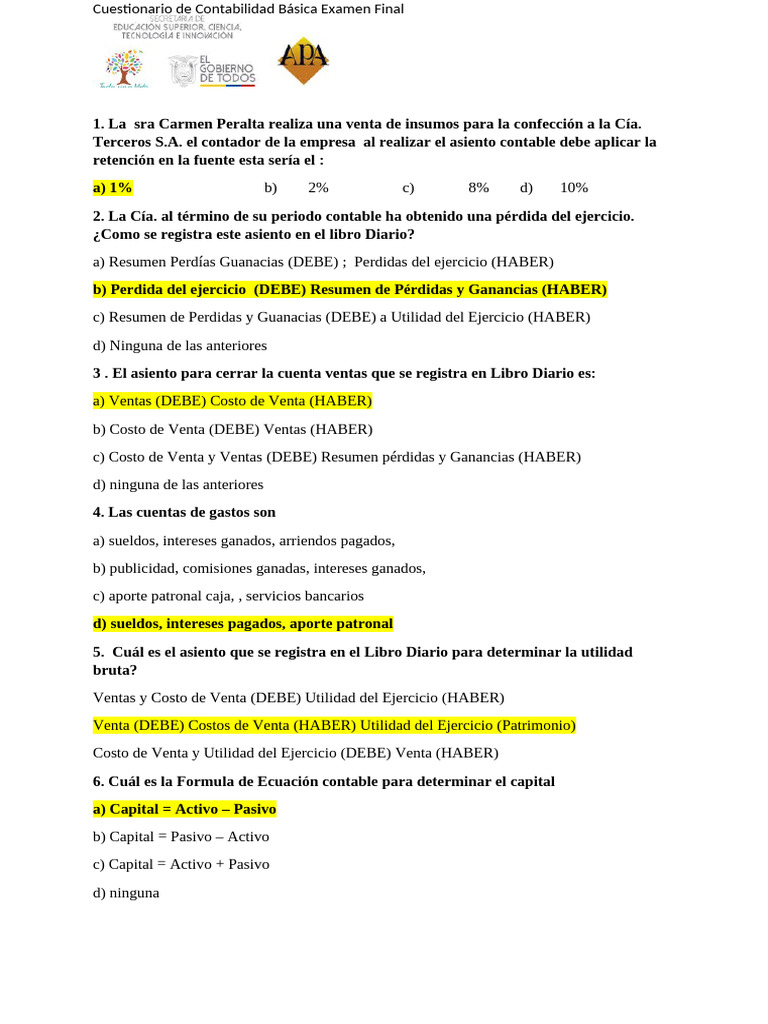 Cuestionario Contabilidad Básica Examen Final | PDF