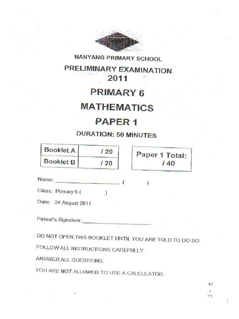 2011 Nanyang P6 Mathematics Prelim Exam | PDF