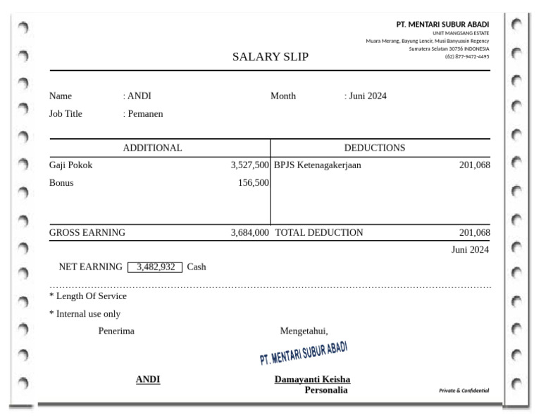 Slip Gaji - Andi PT Mentari Subur Abadi | PDF