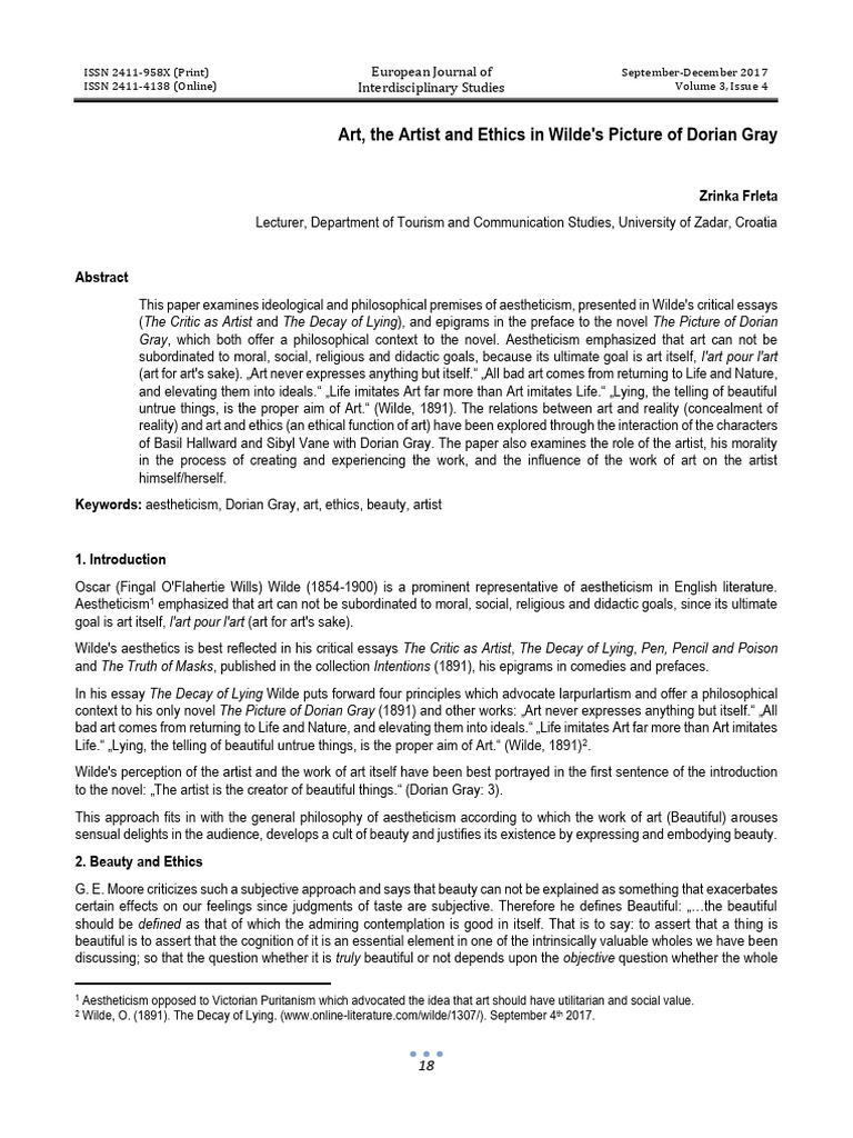 Art, the Artist and Ethics in Wilde's Picture of Dorian Gray | PDF