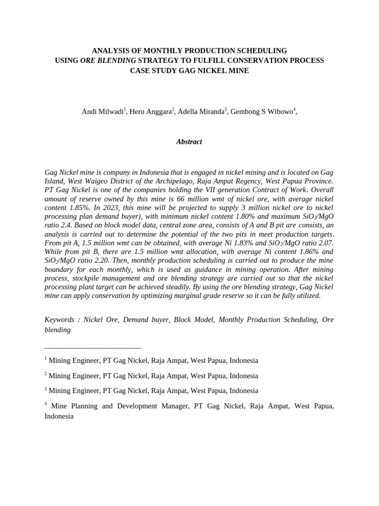 Abstract - Analysis of Monthly Production Scheduling Using Ore Blending Strategy To Fulfill ...
