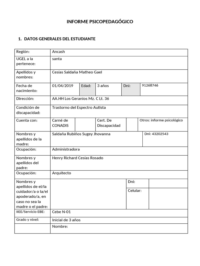 Informe Psicopedagógico | PDF