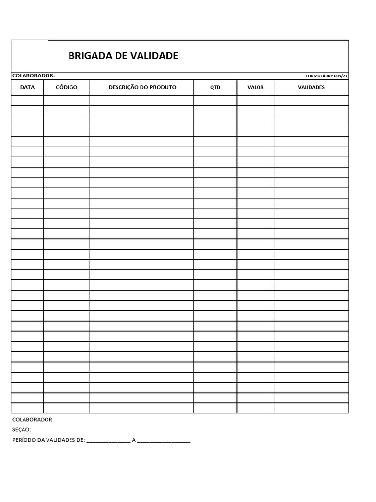FORMULÁRIOS BRIGADA DE VALIDADE | PDF