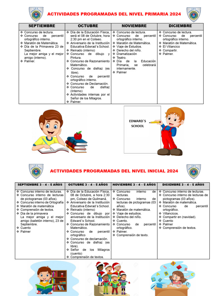 Actividades Programadas Del Nivel Primaria 2024 | PDF