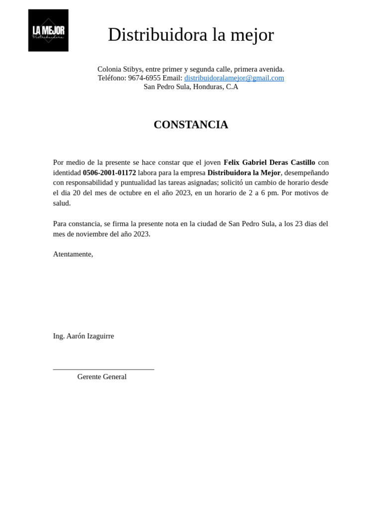 Constancia Distribuidora La Mejor | PDF