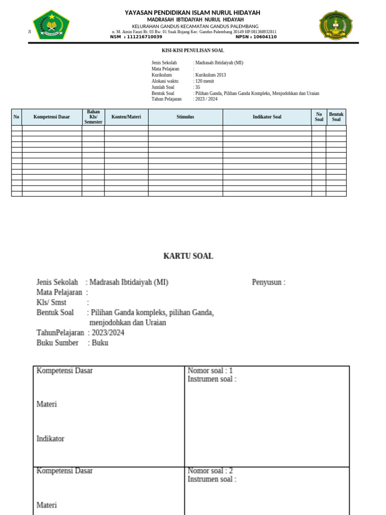 Format KISI KISI Dan KARTU SOAL | PDF