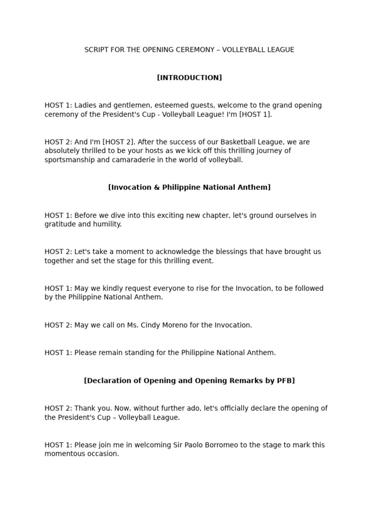 Script For The Opening Ceremony - Volleyball League | PDF