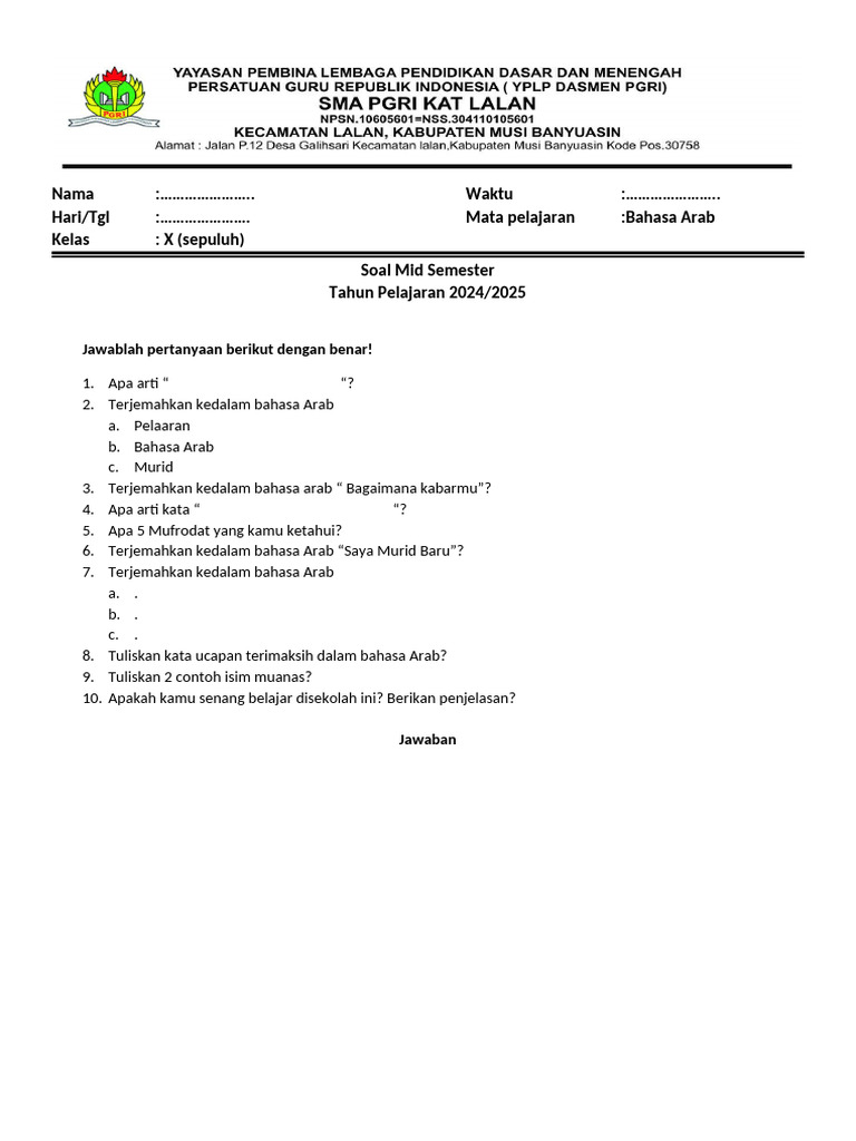 Soal Mid Bahasa Arab | PDF | Seni & Disiplin Bahasa