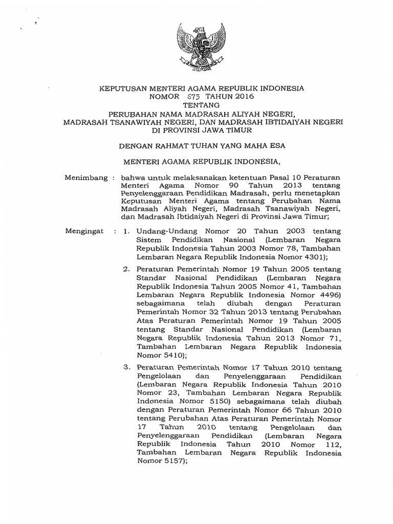KMA NO 673 TH 2016 Perubahan Nama-Nama Madrasah Prov. JATIM-1 | PDF