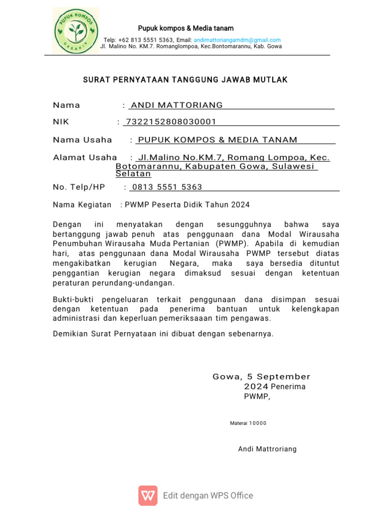 Surat Pernyataan PWMP Mattoriang | PDF