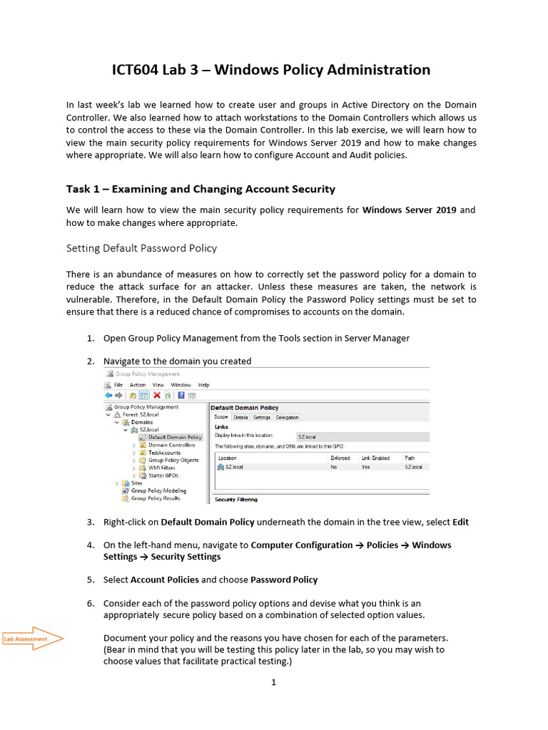 ICT604 Lab 3 - Windows Policy | PDF
