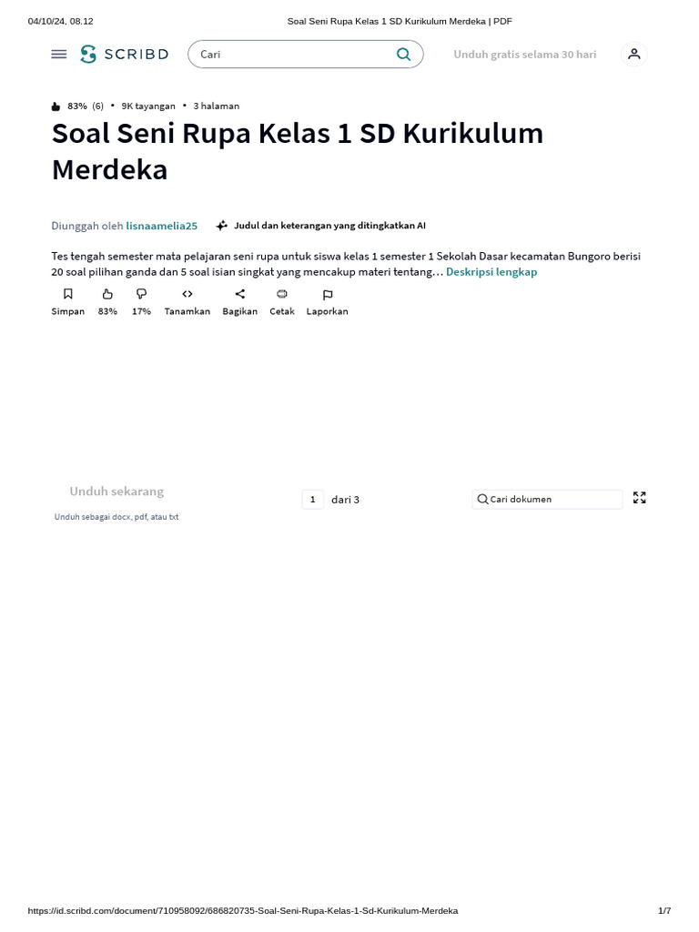 Soal Seni Rupa Kelas 1 SD Kurikulum Merdeka - PDF | PDF