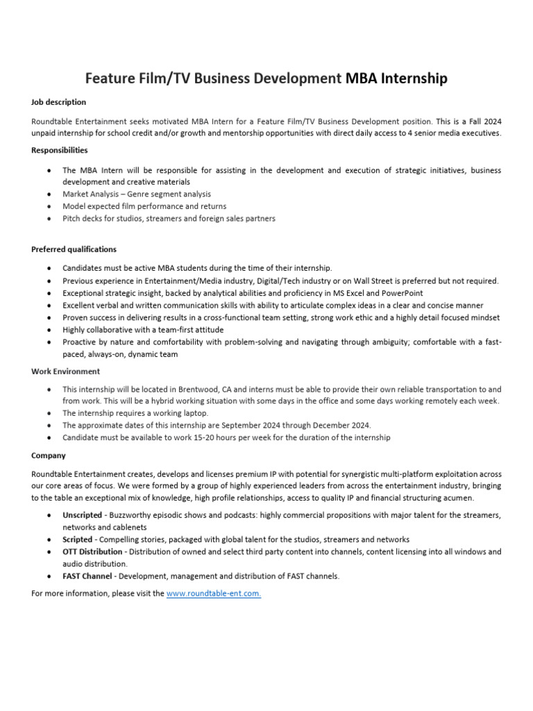 MBA FILM Intern Job Description | PDF