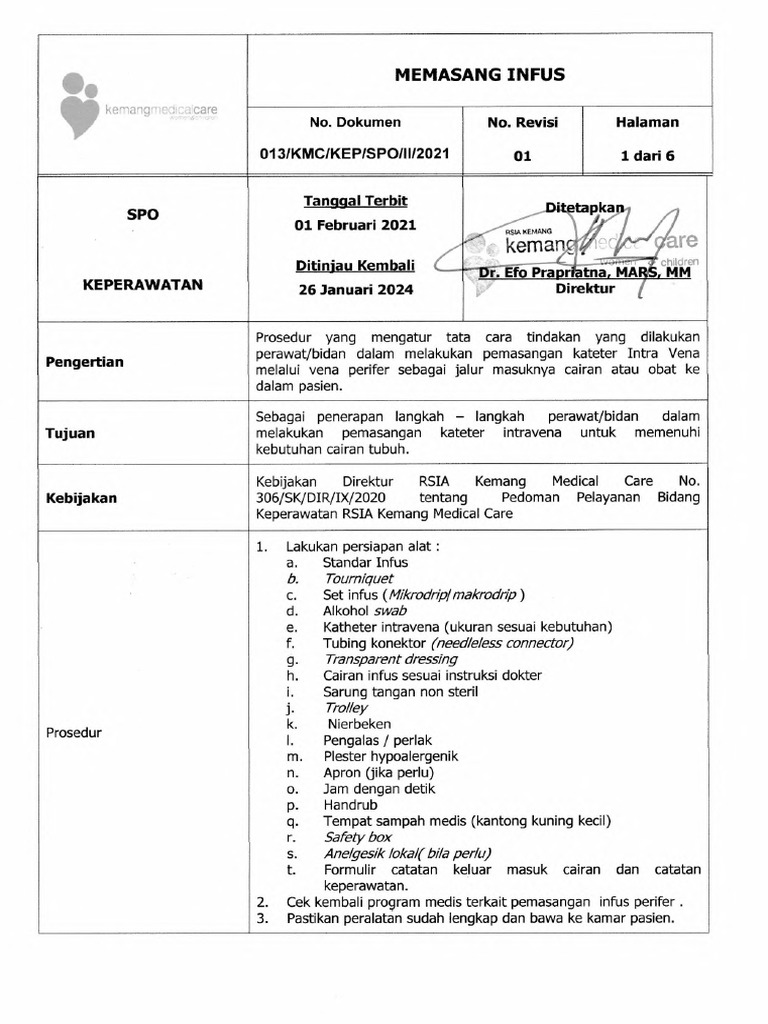 013.KEP - Ii.2021 SPO Pemasangan Infus | PDF