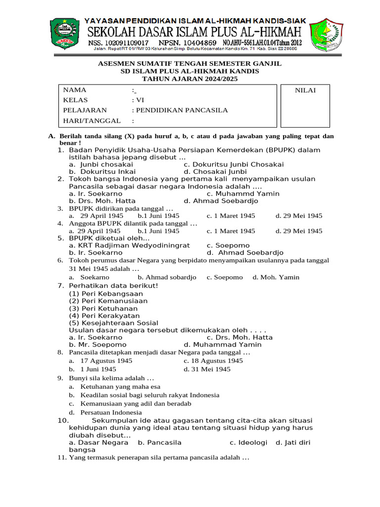 Soal Mid PKN 6 | PDF