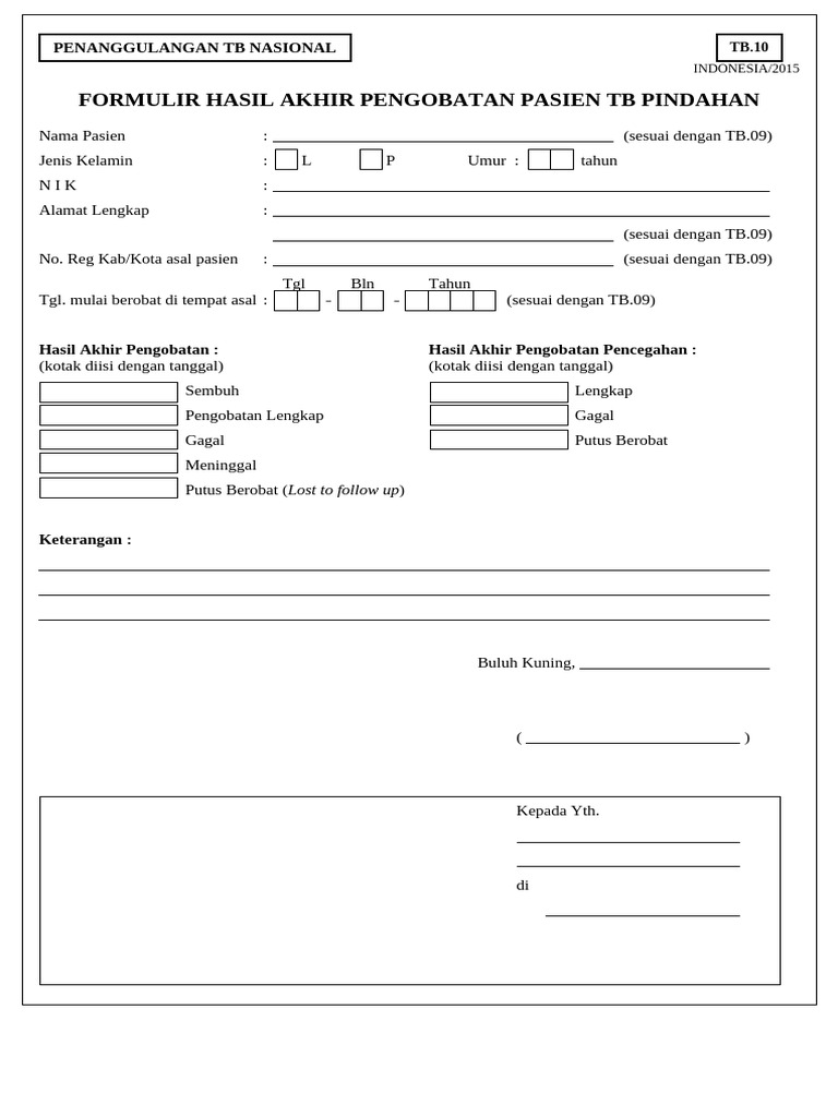 TB.10 (Formulir Hasil Akhir Pengobatan Pasien TB Pindahan) | PDF