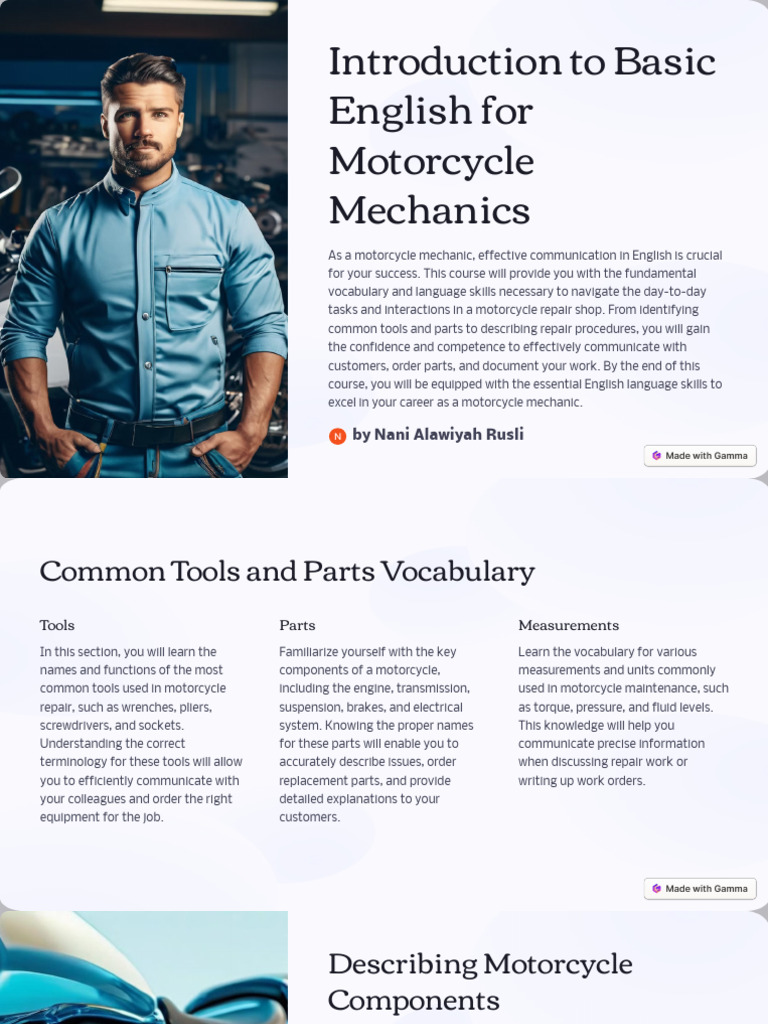 Introduction To Basic English For Motorcycle Mechanics | PDF