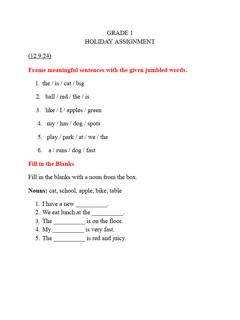 G1 English HOLIDAY ASSIGNMENT | PDF | English Language | Language Arts ...