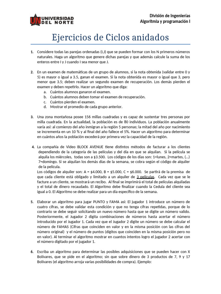 Ejercicios de Ciclos Anidados | PDF