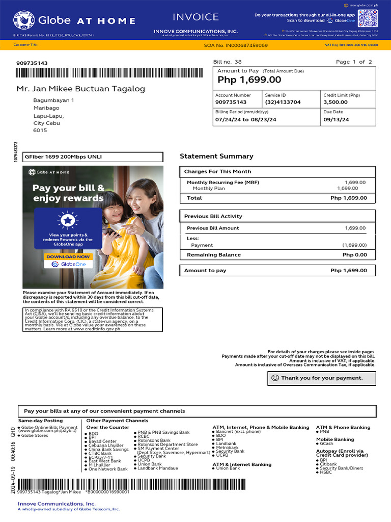 Globe Bill 909735143 | PDF