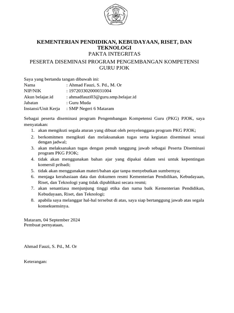 Template Pakta Integritas - Peserta Diseminasi PKG PJOK | PDF