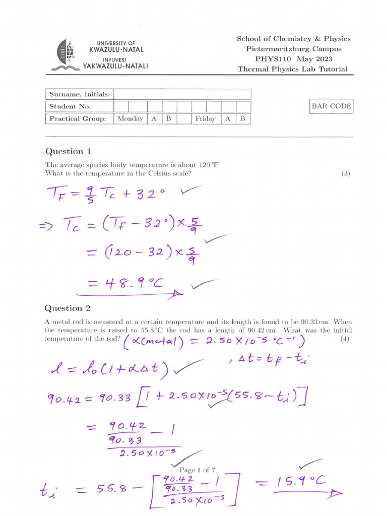 Phys110 Thermal Lab Tut. Solutions | PDF