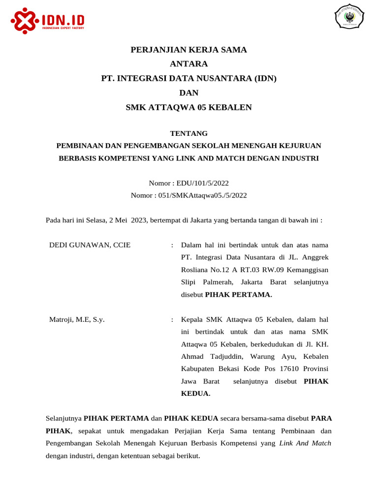Draft MoU IDN Dengan SMK Padjadjaran Jatinangor 2mei2023 | PDF