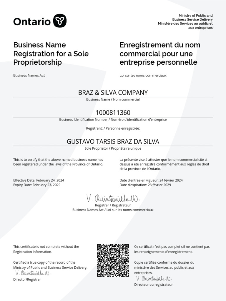 Certificate of Business Name for a Sole Proprietorship Registration | PDF
