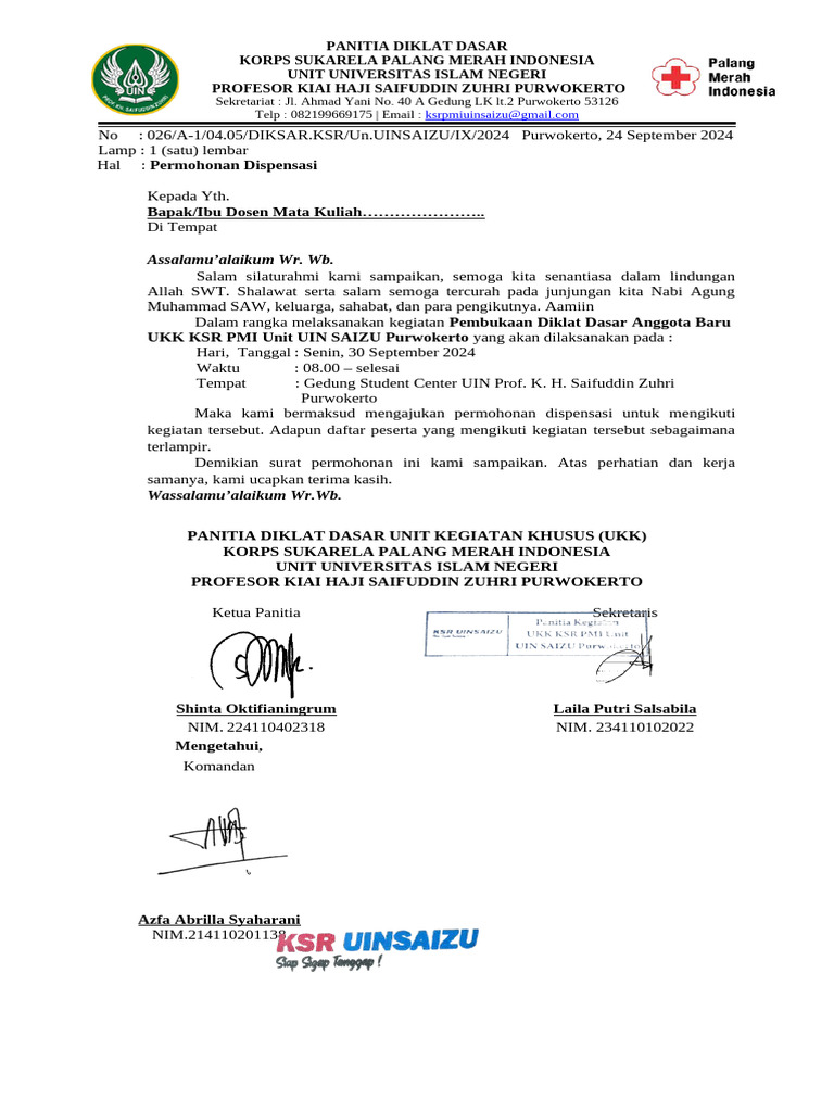 026 - Surat Dispensasi Peserta (Pembukaan) | PDF