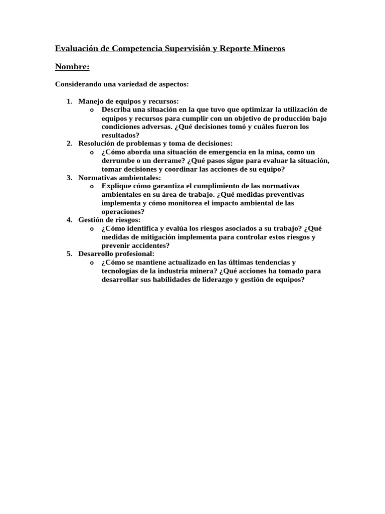 Evaluación de Competencia Supervisión y Reporte Mineros | PDF