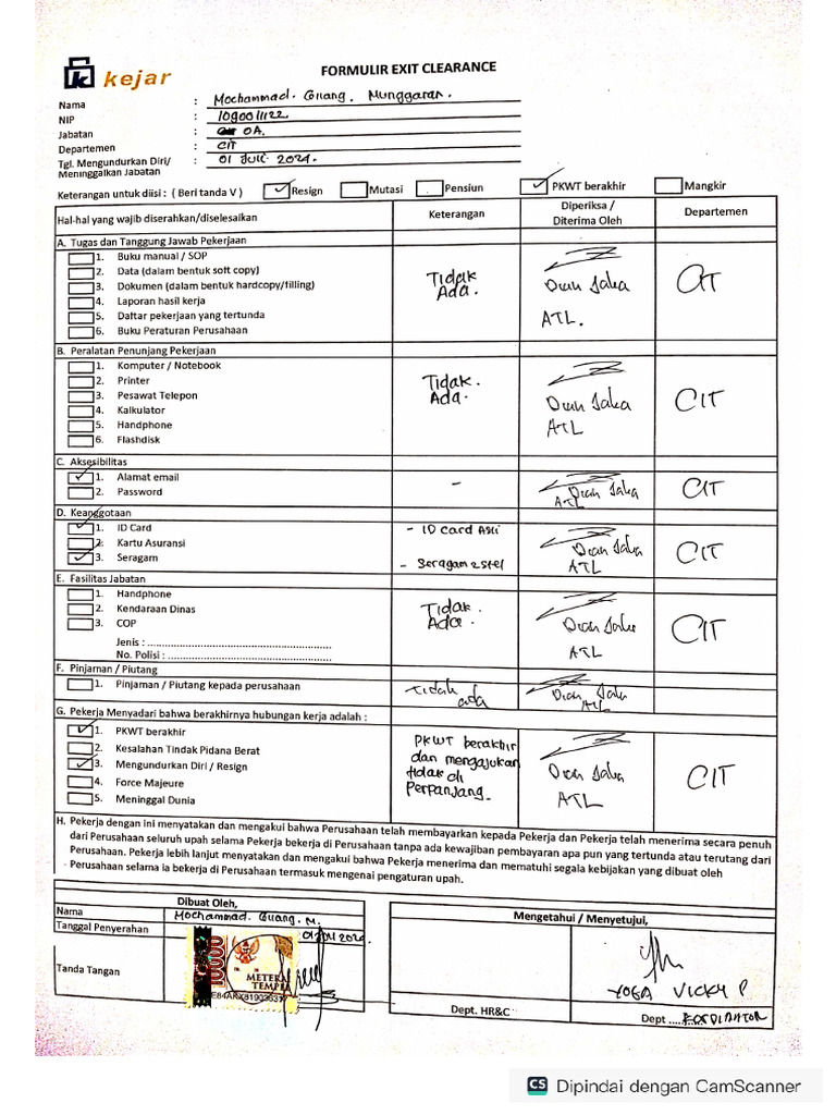 Formulir Exit Clearance M. Gilang | PDF