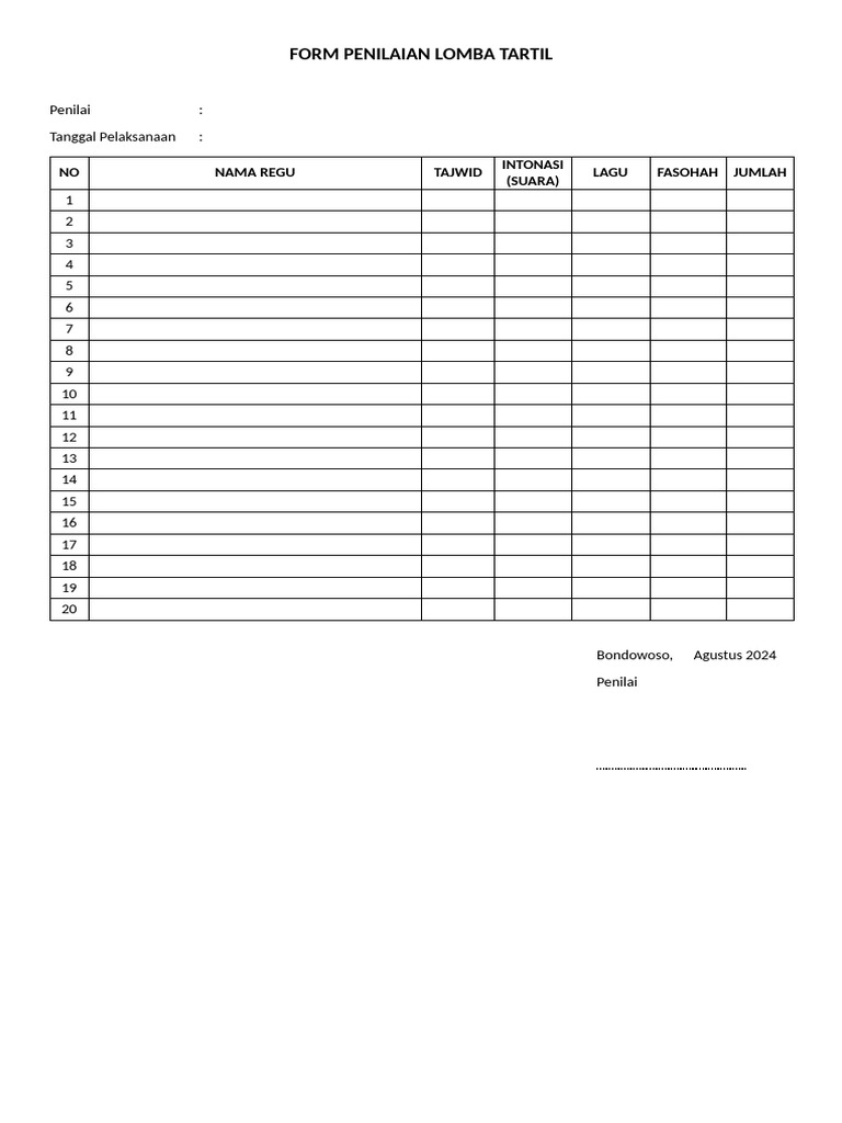 Form Penilaian Lomba Tartil Putra | PDF
