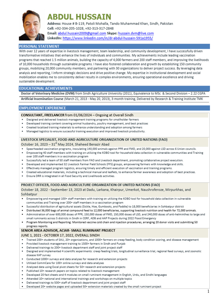 CV of Abdul Hussain Sept 2024 | PDF | Food And Agriculture Organization | Livestock