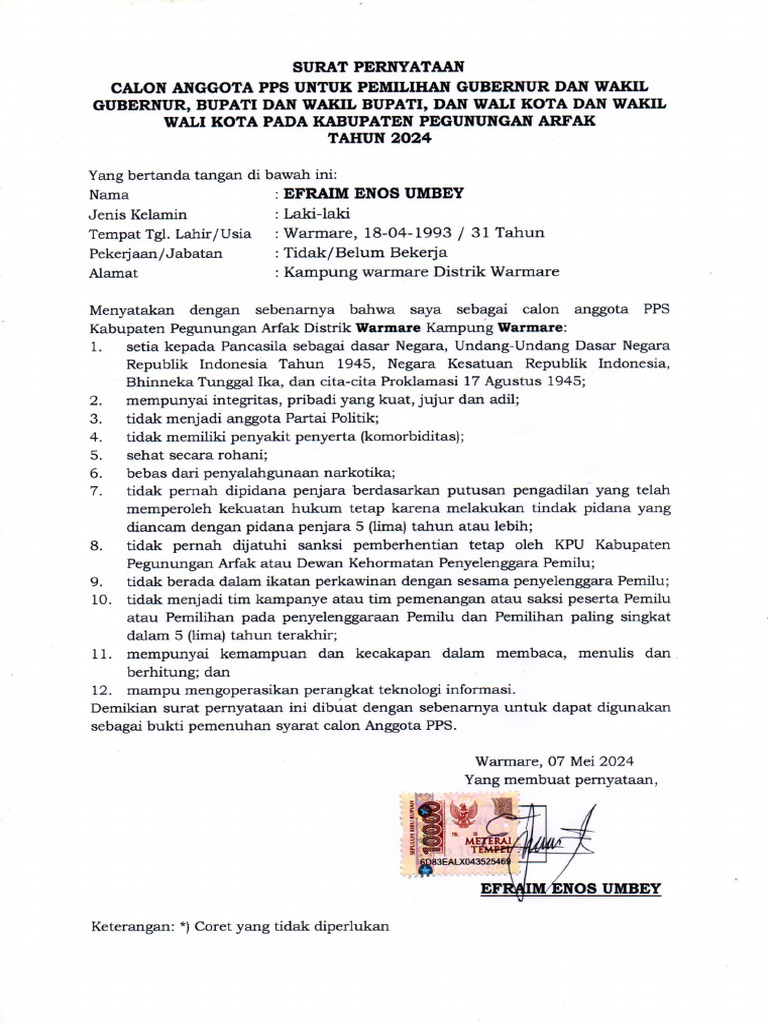 Surat Pernyataan - Efraim | PDF