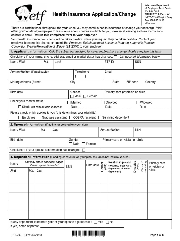 Main - Form Et 2301 Health Insurance Application Change Wisconsin | PDF ...