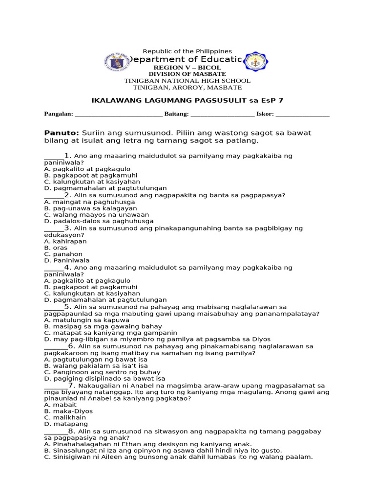 2nd SUMMATIVE TEST EsP 7 | PDF