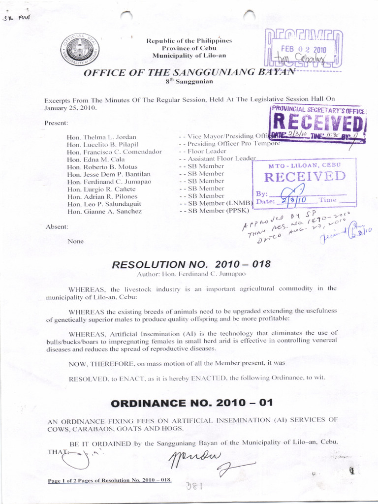 Liloan Ordinance Fixing Fees On Artificial Insemination Services of Cows, Carabaos, Goats, Hogs ...