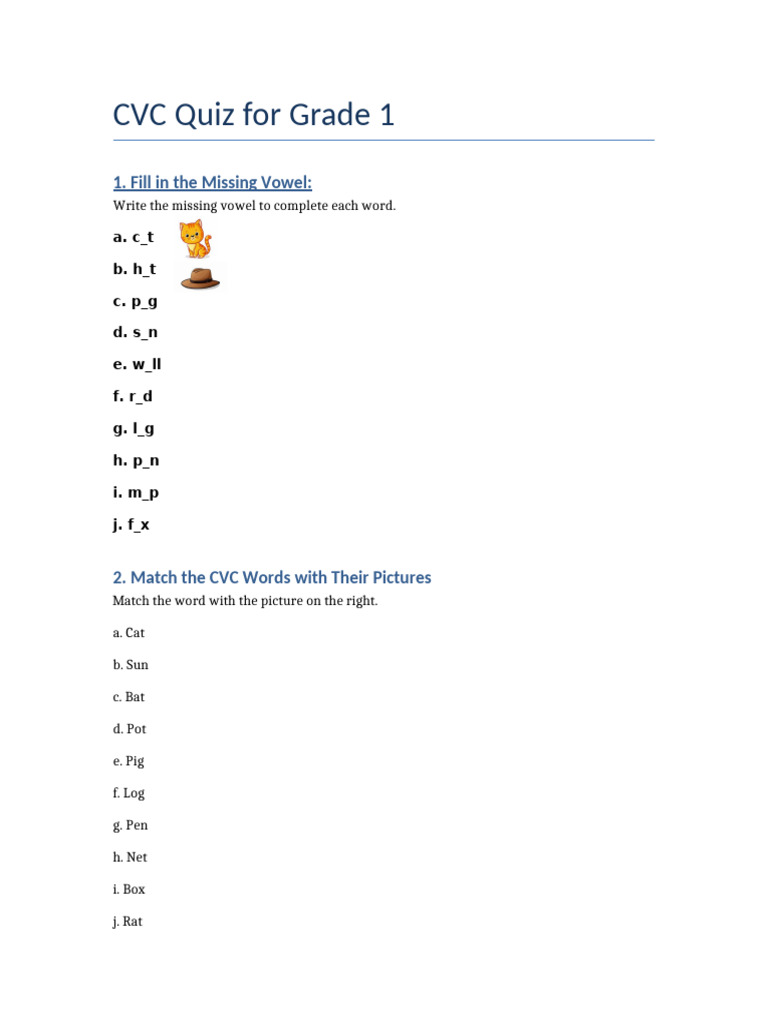 CVC Quiz Grade 1 | PDF