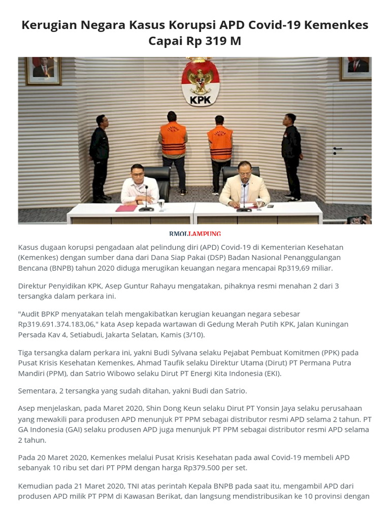 Kerugian Negara Kasus Korupsi APD Covid-19 Kemenkes Capai Rp 319 M.pdf | PDF