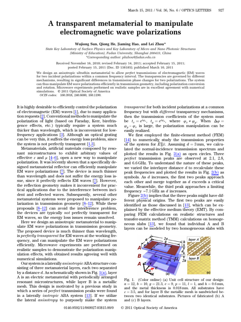 2011 - A Transparent Metamaterial | PDF | Metamaterial | Science ...