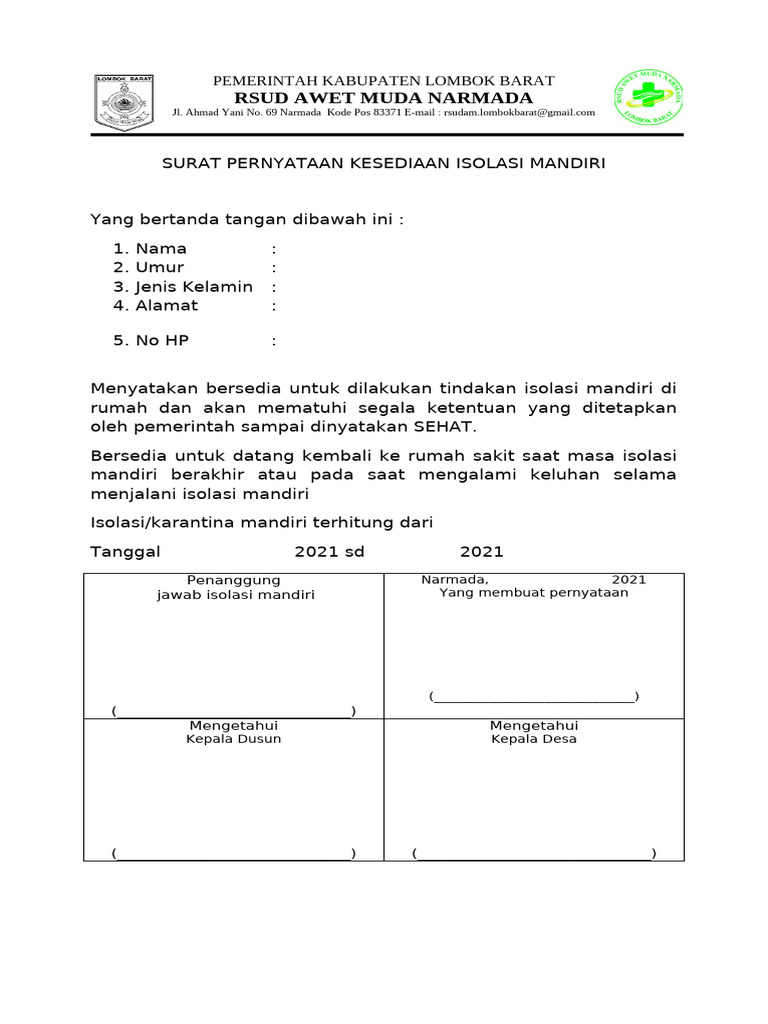 Surat Pernyataan Kesediaan Melakukan Karantina Rumah Angga 2 | PDF