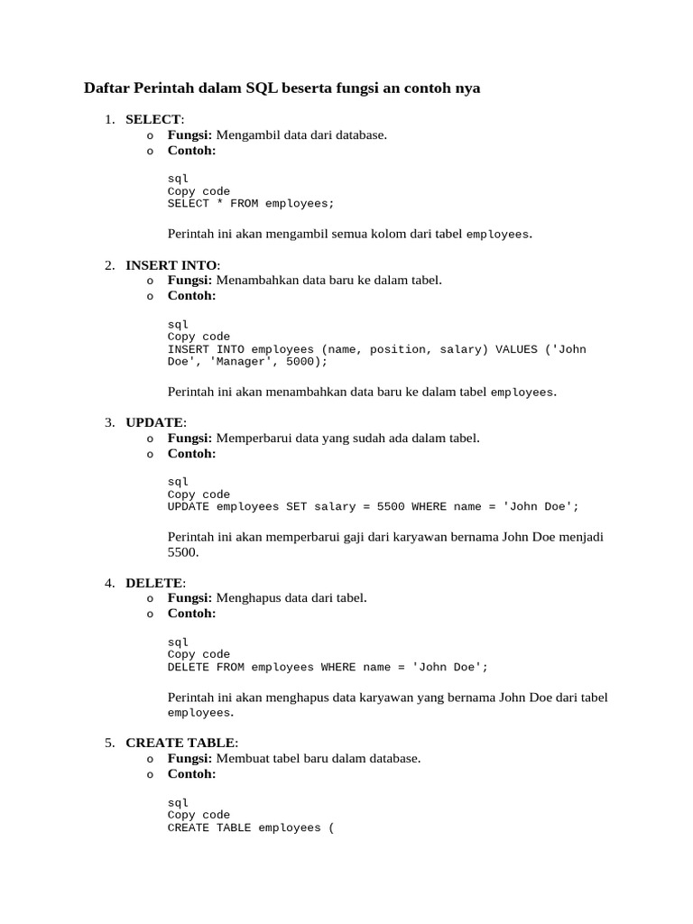 Daftar Perintah Dalam SQL Beserta Fungsi An Contoh Nya | PDF Daftar Perintah Dalam SQL Beserta Fungsi An Contoh Nya | PDF