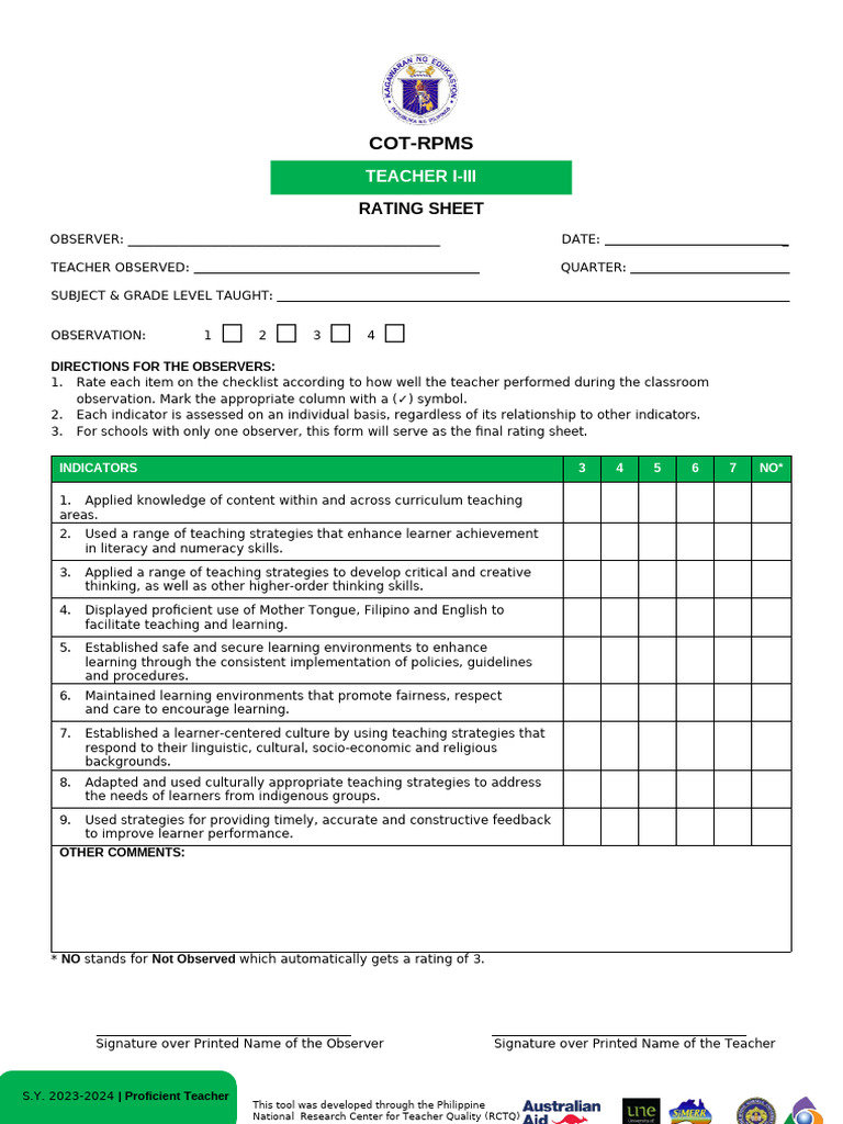 COT-RPMS Rating Sheet For T I-III For SY 2023-2024 | PDF