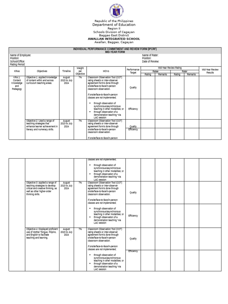 IPCR MidYear Review Form For Proficient Teacher | PDF