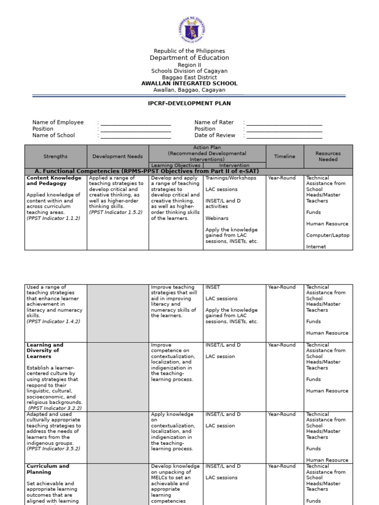 IPCRF Development Plan For Proficient Teacher | PDF