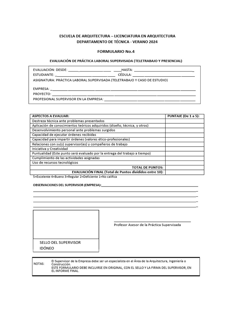 FORMULARIO No.4 EVALUACIÓN DE SUPERVISOR DIRECTO | PDF