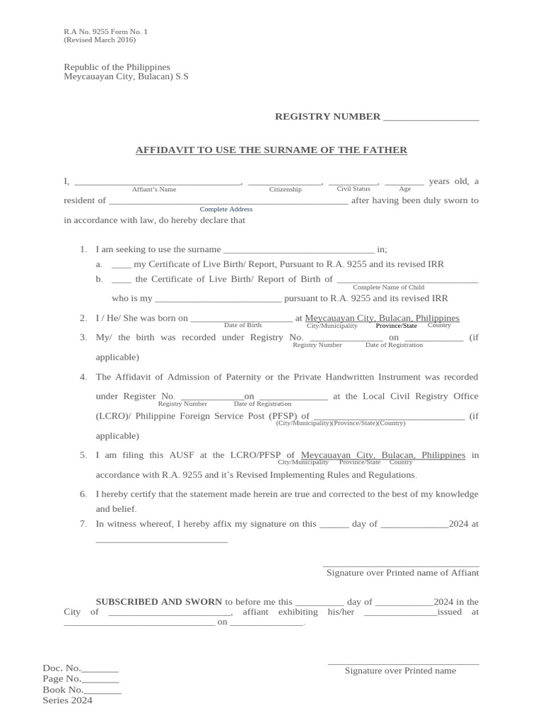 Affidavit To Use The Surname of The Father FORM | PDF