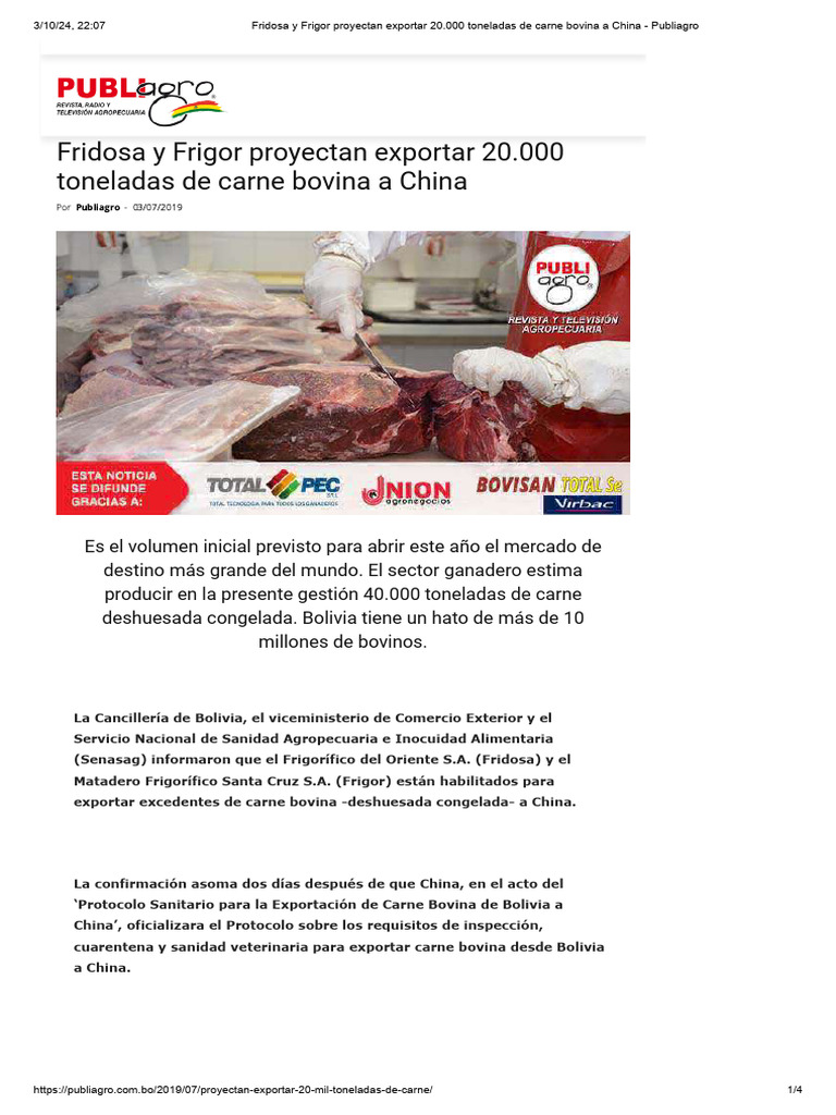 Fridosa y Frigor Proyectan Exportar 20.000 Toneladas de Carne Bovina A ...
