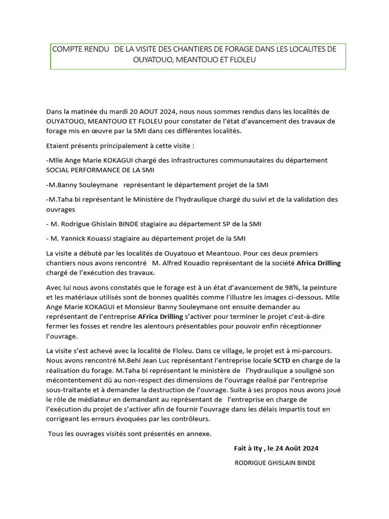 Compte Rendu de La Visite Des Chantiers de Forage Dans Les Localites de ...